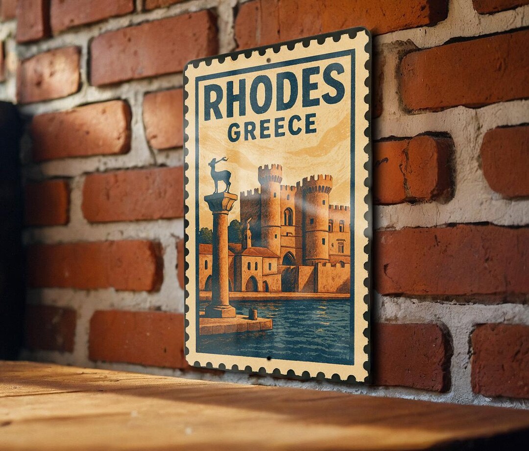 Rhodes Greece Vintage Travel Metal Sign – Wall Art, Retro Stamp Style ...