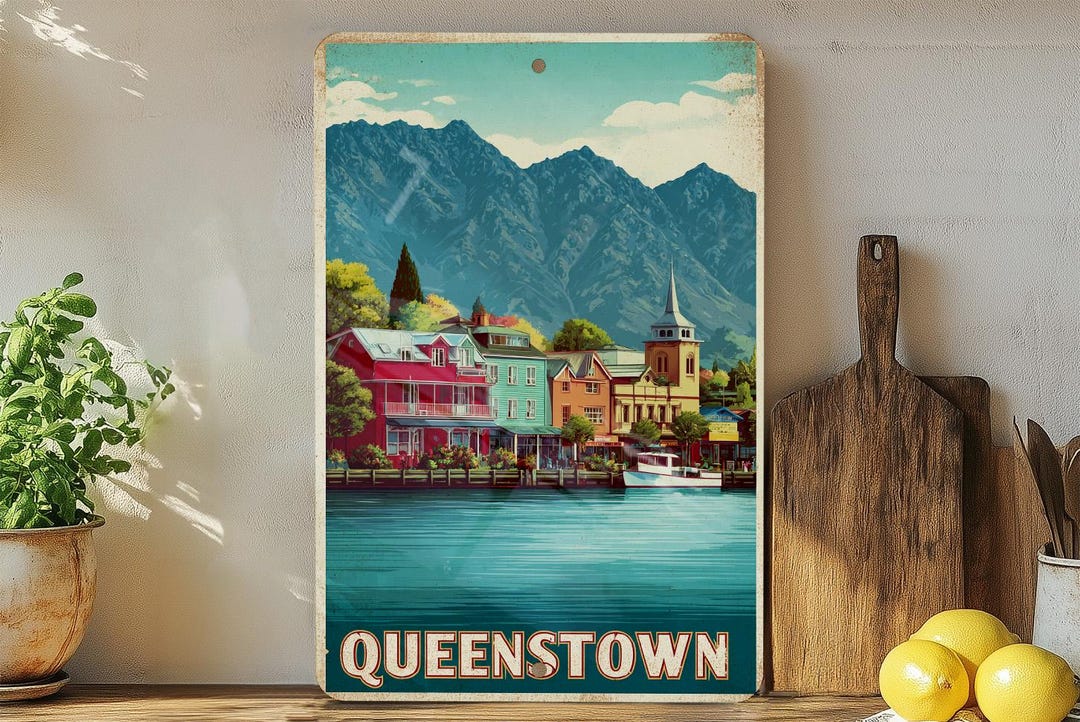 Queenstown Retro Travel Poster Tin Sign – Vintage Metal Wall Art Decor ...