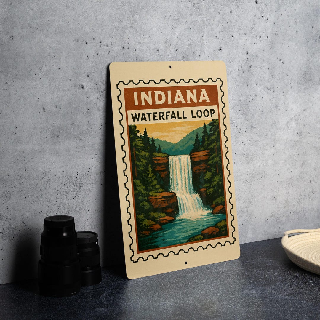 Indiana Waterfall Loop Metal Sign – Vintage Stamp Style Wall Art for ...