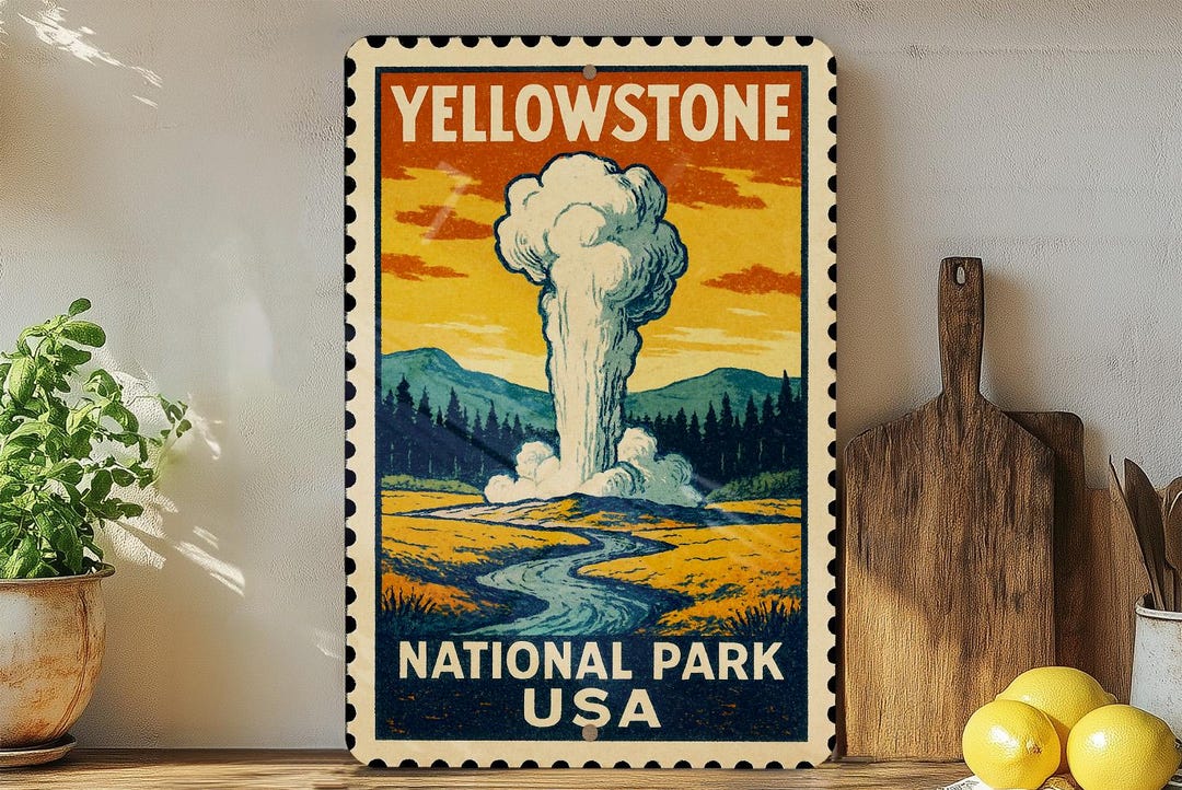 Yellowstone National Park Metal Sign – Vintage Stamp Style Wall Art for ...