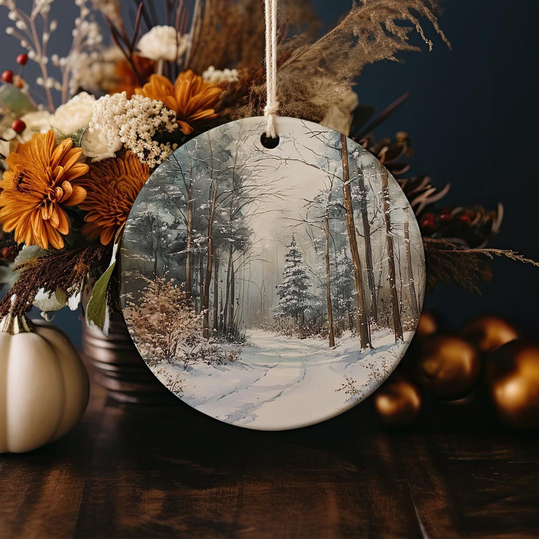 Serene Winter Landscape Ceramic Ornament, Hand-painted Christmas Decor ...