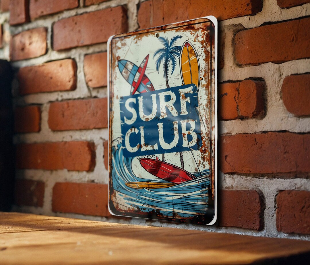 SURF CLUB Vintage Style Aluminum Sign - Surfboard, Beach Waves ...