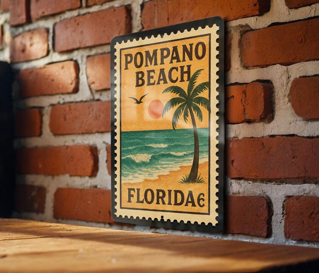 Pompano Beach Florida Metal Sign – Retro Postage Stamp Design Featuring ...