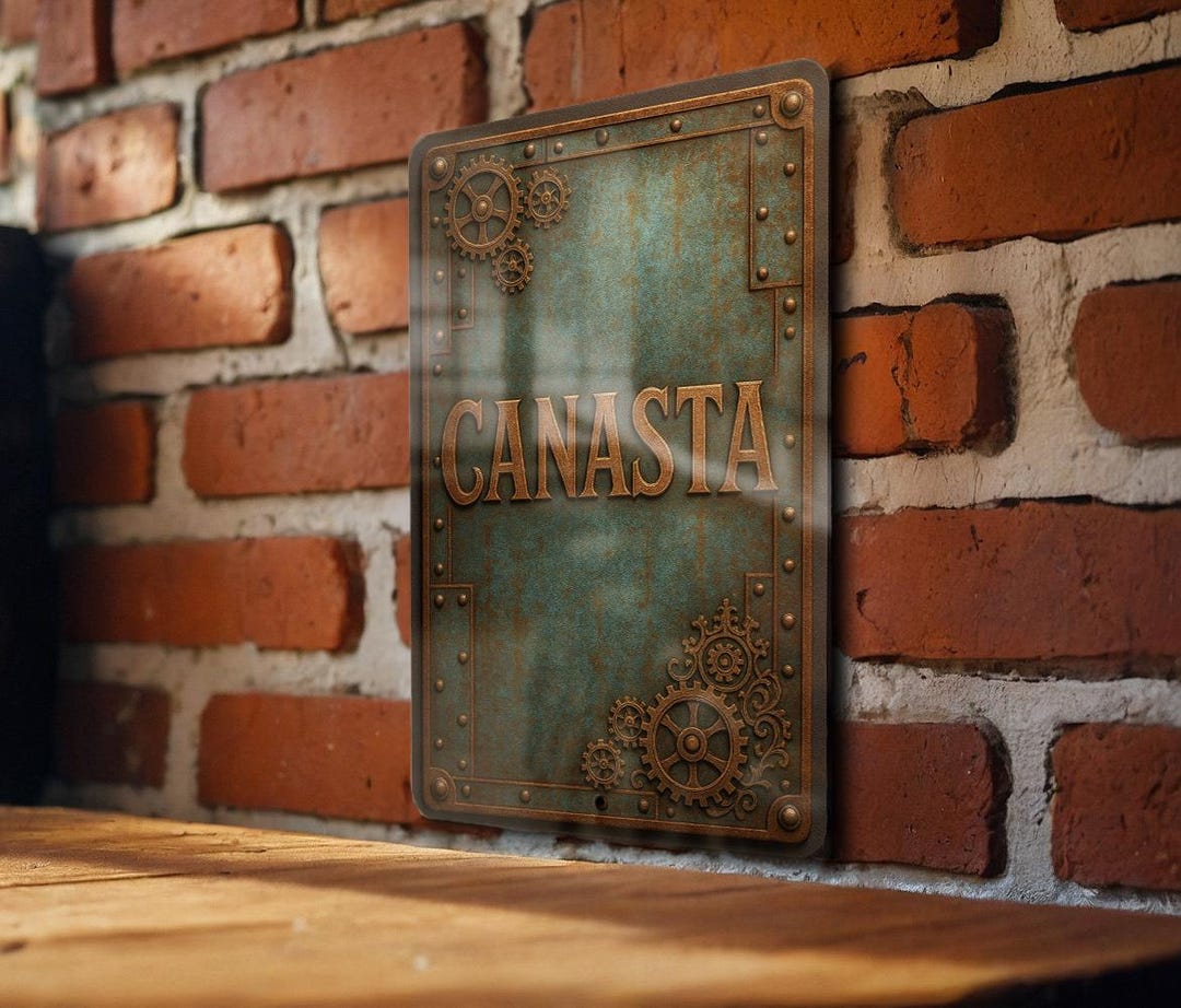 Steampunk Canasta Tin Sign – Aged Copper Verdigris Metal Wall Art ...