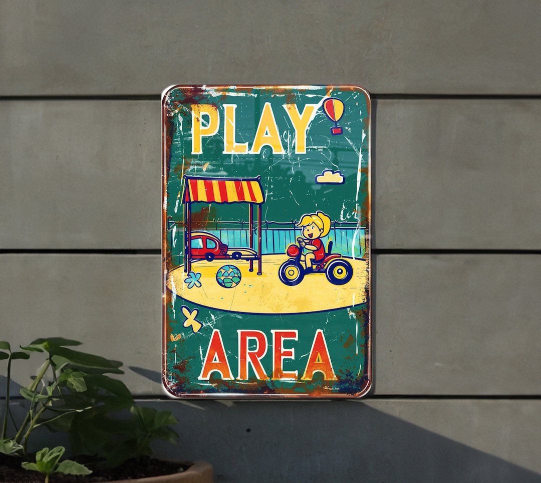Children's Play Area Metal Sign, Toys and Games Illustration, Bright ...