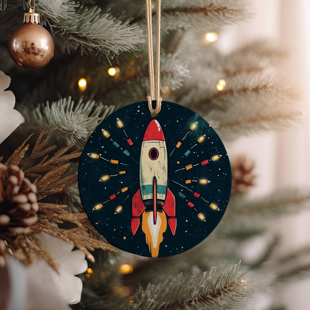 Retro Rocket Ship Ceramic Ornament, Holiday Lights Decor, Circular ...