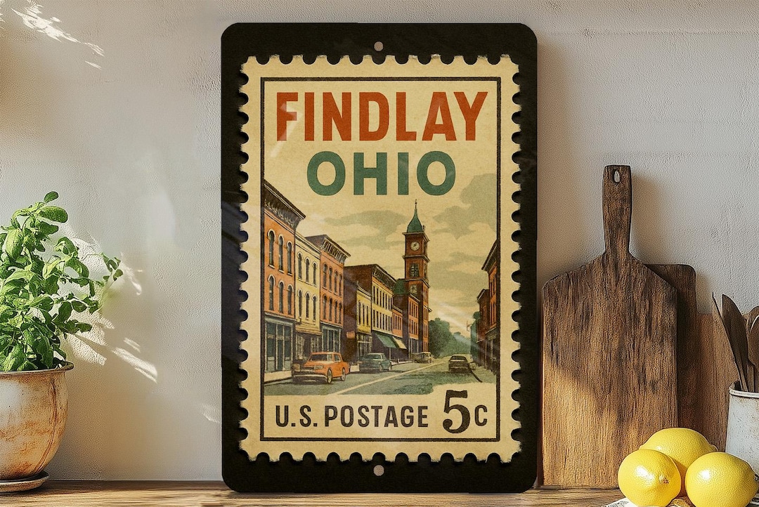 Findlay Ohio Metal Sign – Retro Postage Stamp Design Featuring Ohio ...