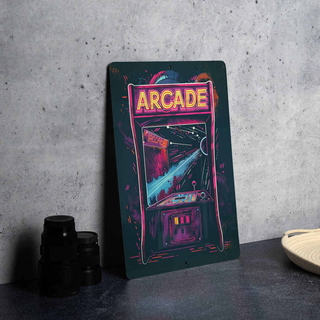 Retro Arcade Metal Sign, Arcade Machine, Joystick Illustration, Neon ...