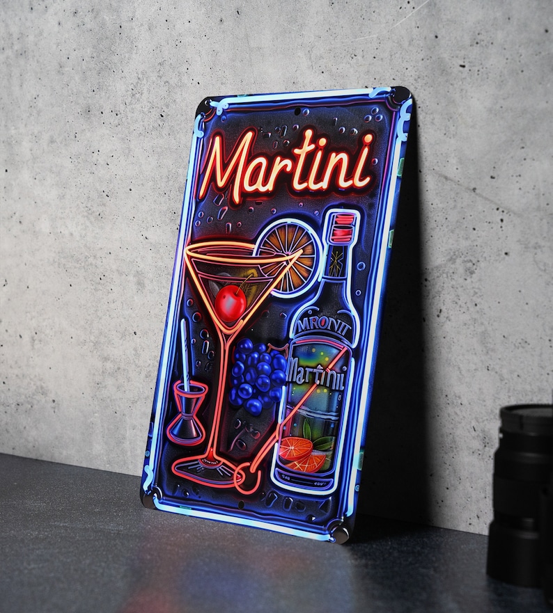 Retro Neon Style Martini Sign, Metal Wall Decor, Vintage Bar Sign, Home ...