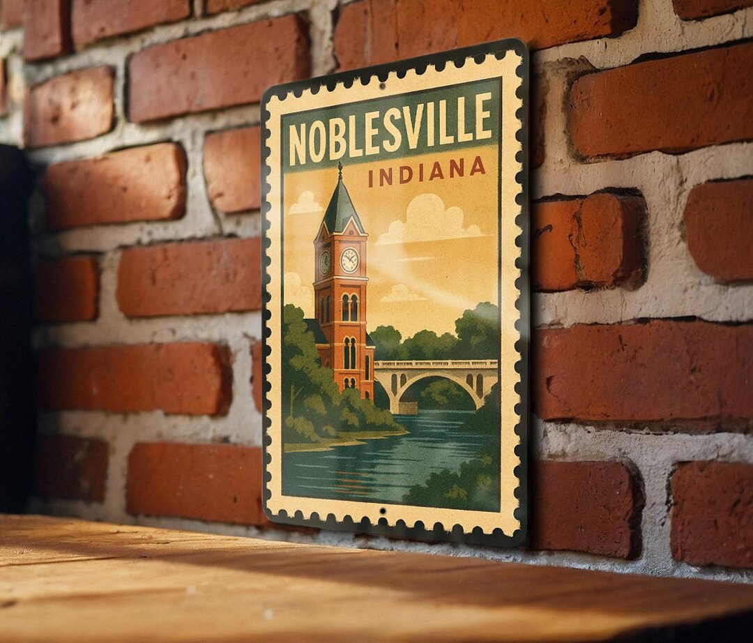 Noblesville Indiana Metal Sign Featuring Retro Postage Stamp Design ...