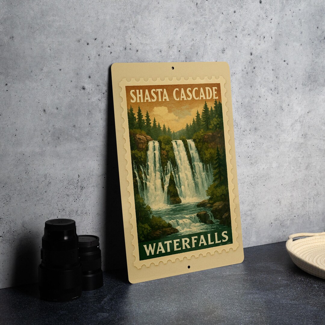 Shasta Cascade Waterfalls Metal Sign – Vintage Stamp Style Wall Art for ...