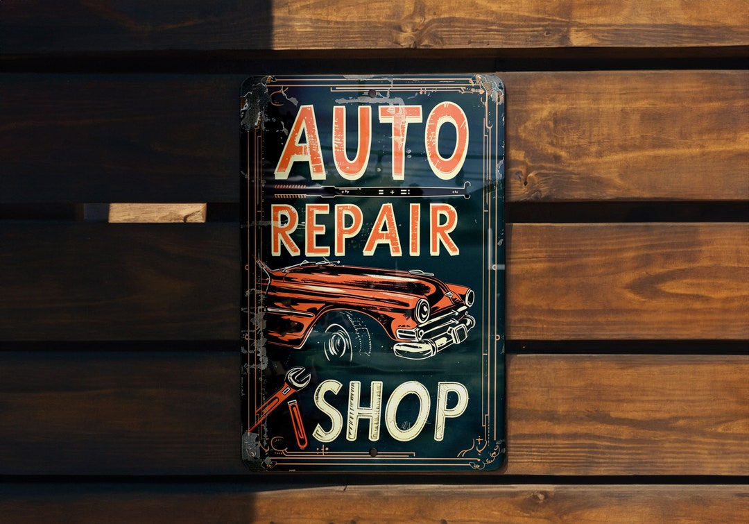 Vintage AUTO REPAIR SHOP Metal Sign, Wrench Engine Illustration, Earthy ...