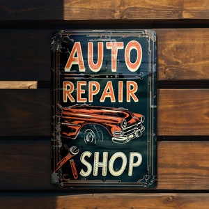 Vintage AUTO REPAIR SHOP Metal Sign, Wrench Engine Illustration, Earthy ...