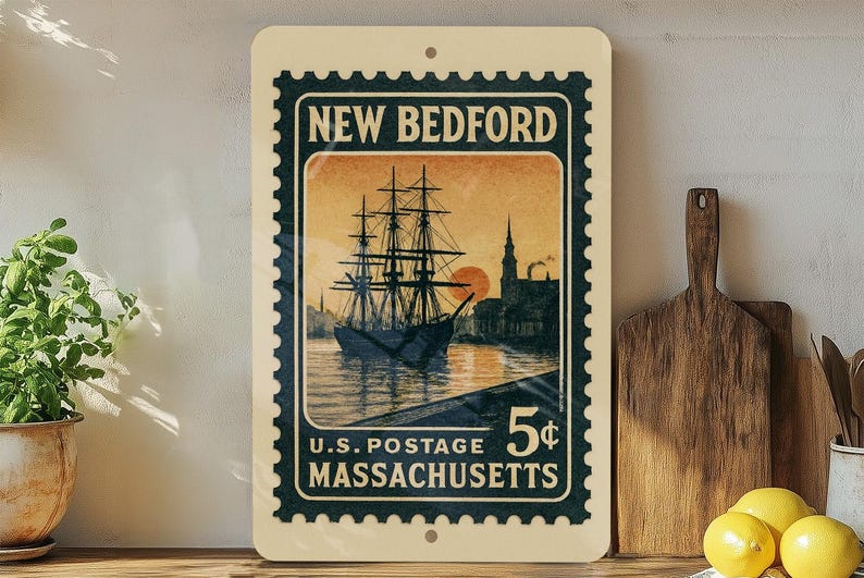 New Bedford Massachusetts Metal Sign – Retro Postage Stamp Design ...