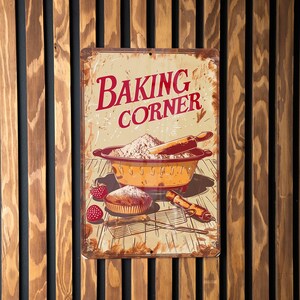 Baking Corner Metal Sign, Vintage Style, Rolling Pin Design, Soft Hues ...