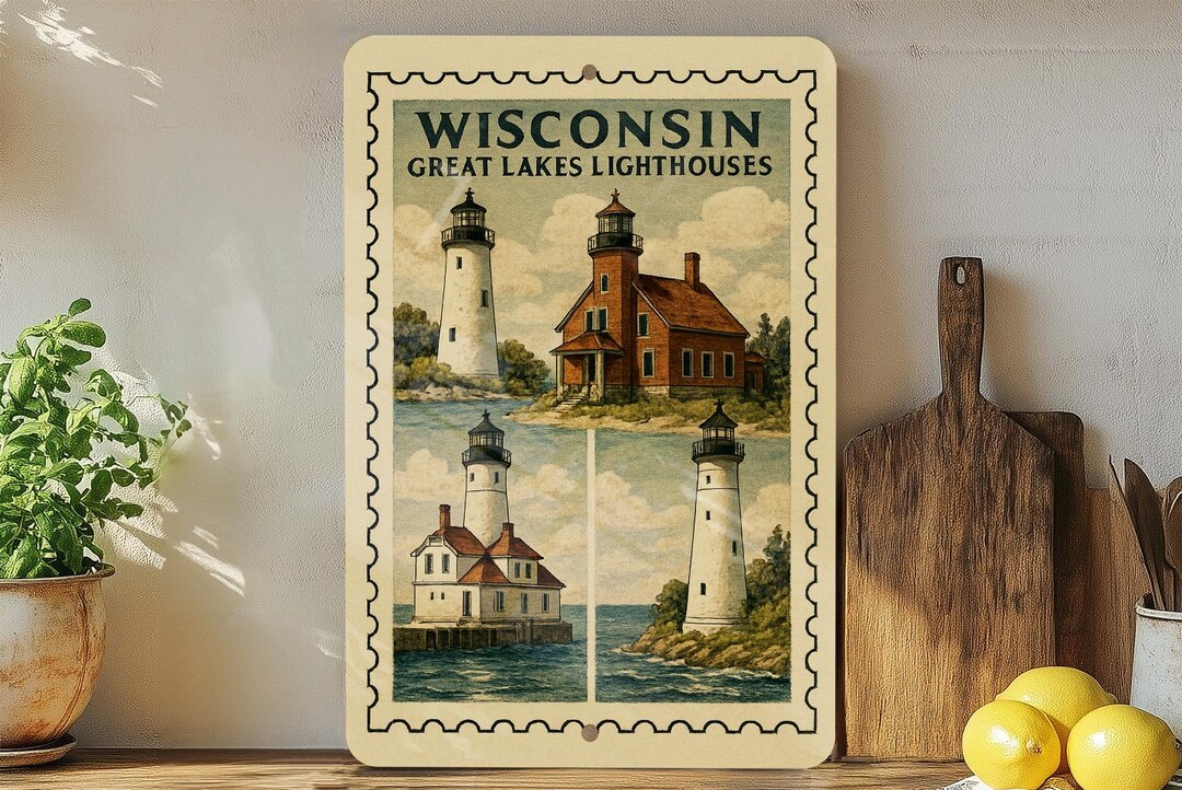 Wisconsin Great Lakes Lighthouses Metal Sign – Vintage Stamp Style Wall ...