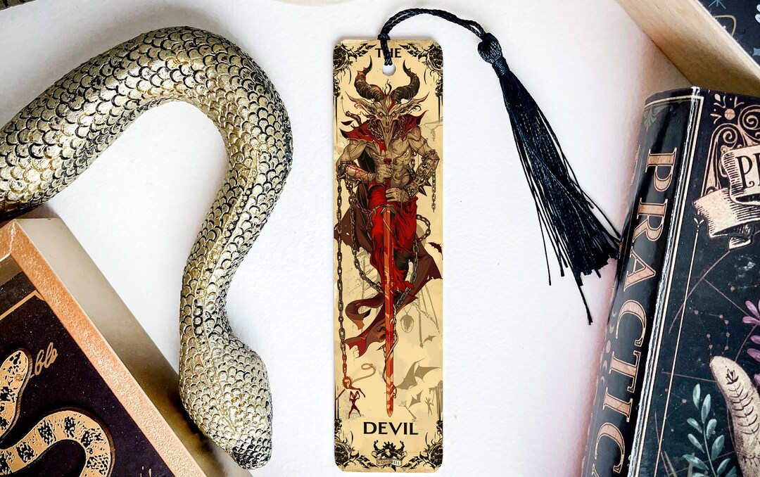 The Devil Tarot Card Bookmark, Horned Figure, Chained Individuals ...