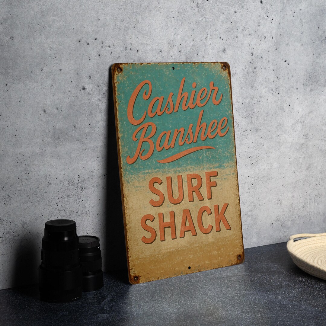 Retro Surf Shack Metal Sign – Cashier Banshee Tin Wall Decor, Aqua ...