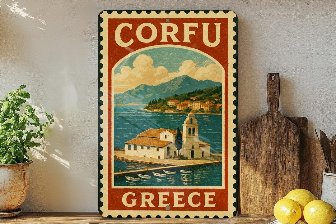 Corfu Greece Vintage Travel Poster Metal Sign – Retro Wall Art, Stamp ...