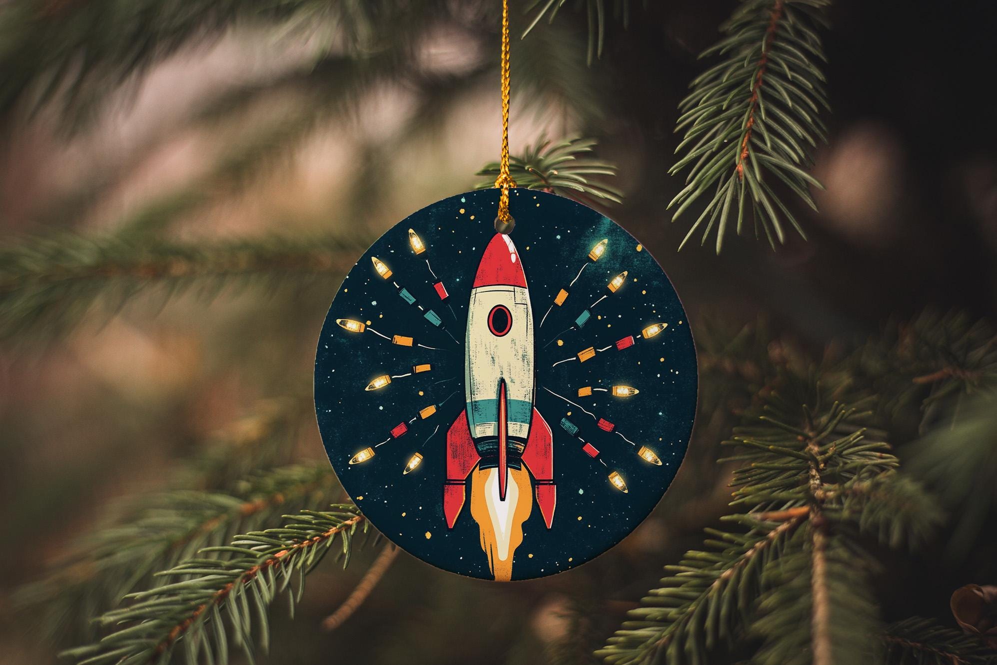 Retro Rocket Ship Ceramic Ornament, Holiday Lights Decor, Circular ...