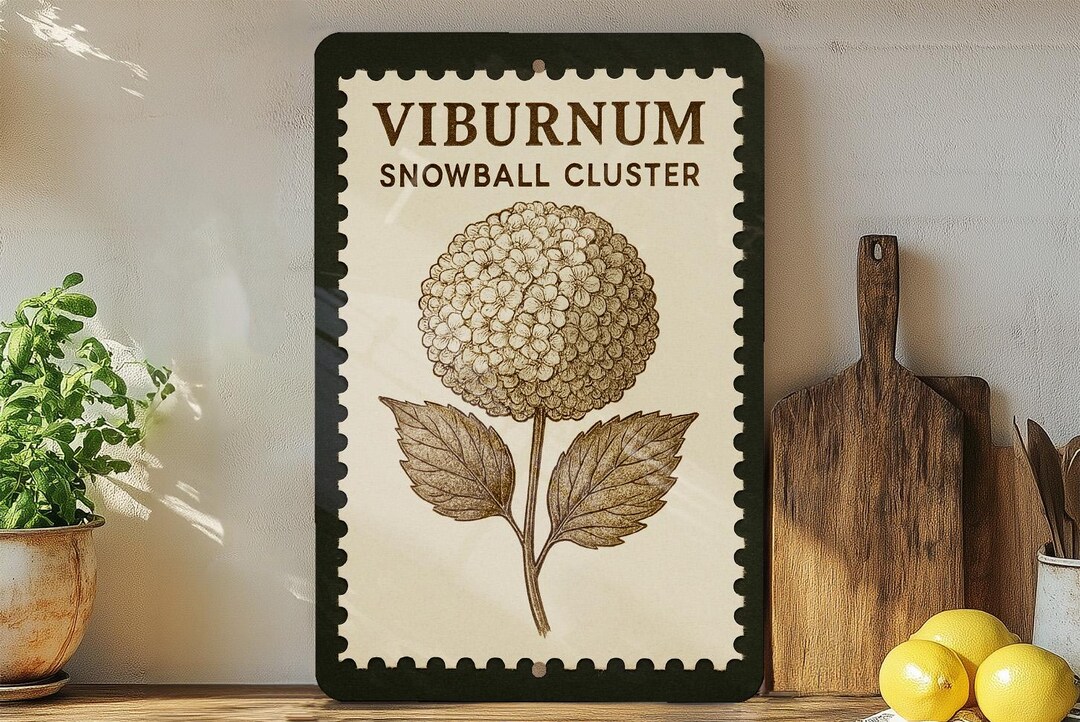Viburnum Snowball Cluster Metal Sign – Vintage Botanical Stamp Style ...