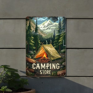 Camping Store Metal Sign, Tent Campfire Illustration, Outdoor Frame ...
