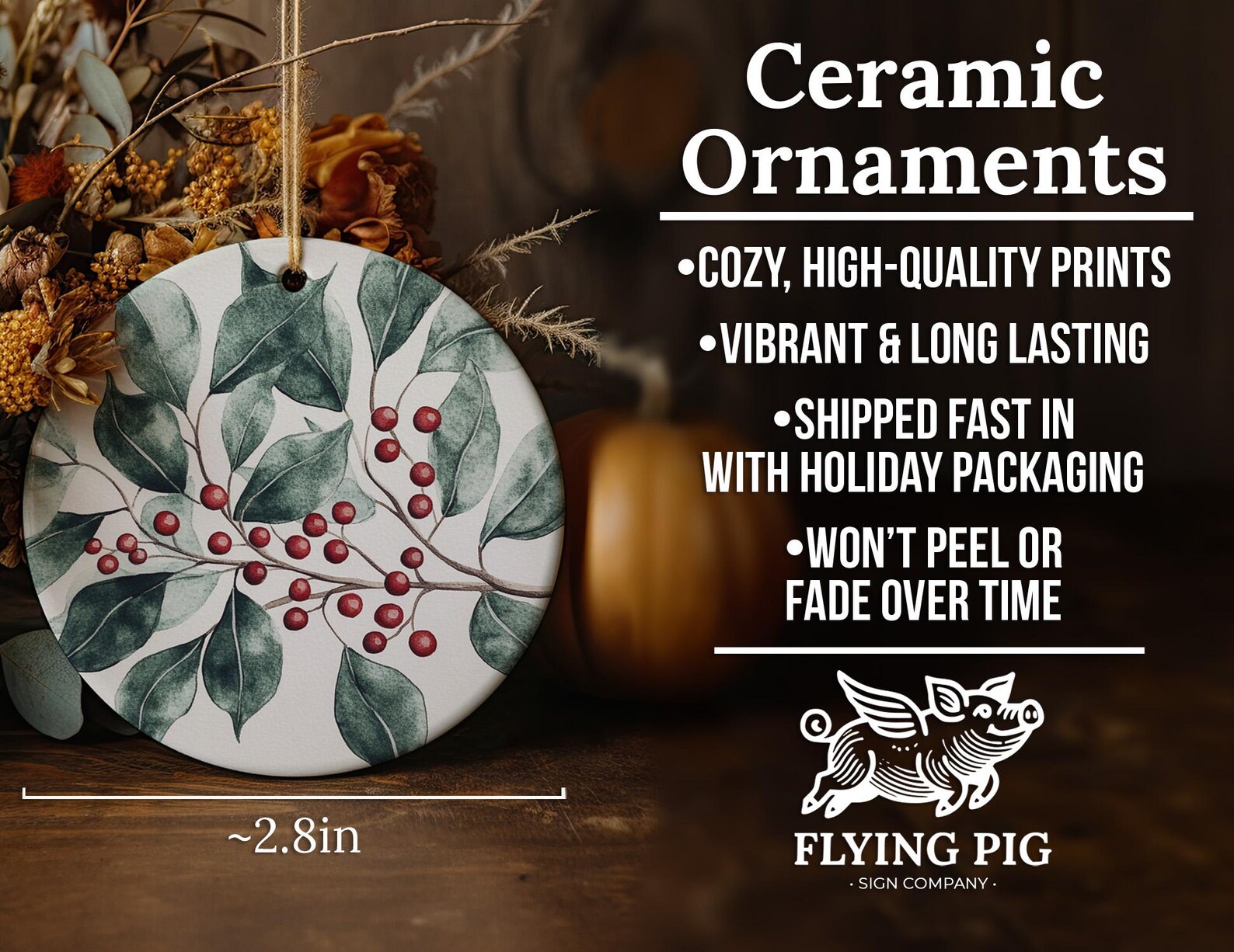 In A Circular Design Ceramic Ornament, Watercolor Mistletoe Sprig ...
