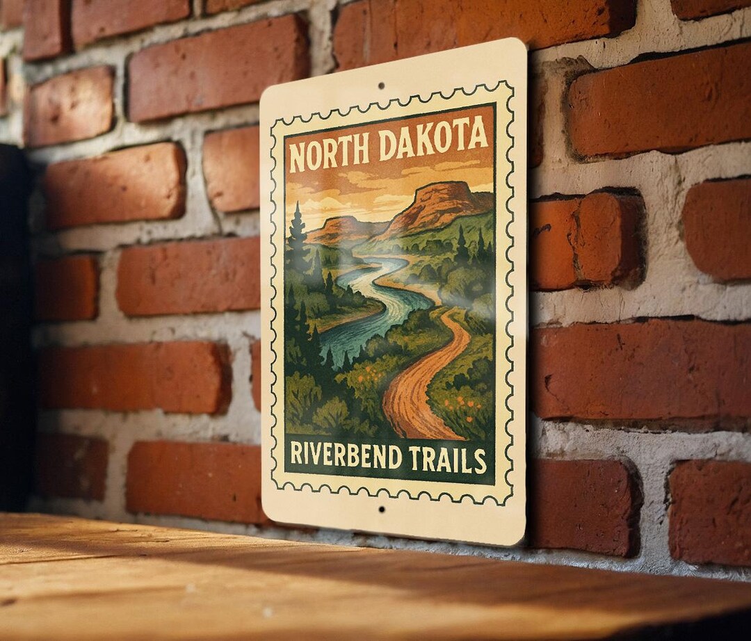 North Dakota Riverbend Trails Metal Sign – Vintage Stamp Style Wall Art ...