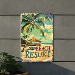 Beach Resort Vintage Metal Sign - Palm Tree Illustration, Tropical ...