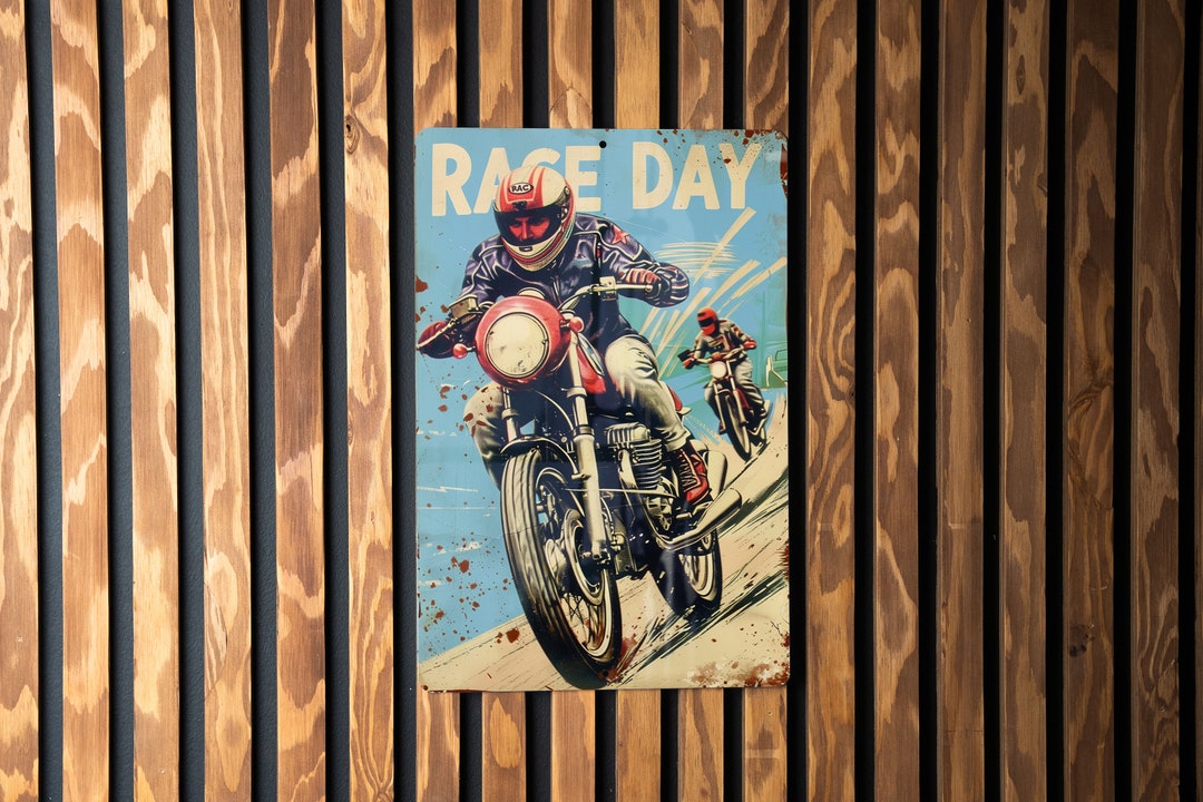 Race Day Vintage Sign, Metal Wall Decor, Classic Car Art, Retro Garage ...