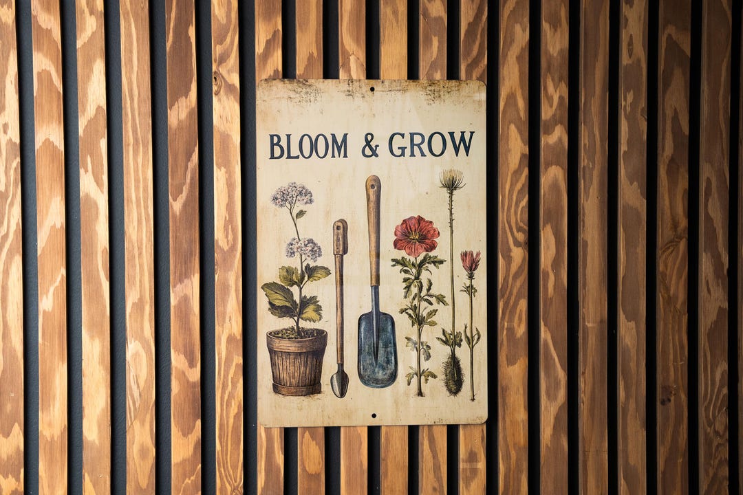 Antique Botanical Illustration Metal Sign, Gardening Tools Art, Bloom ...