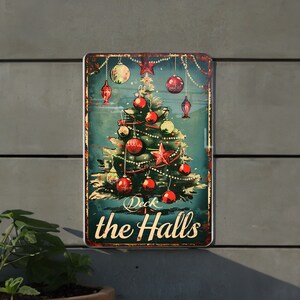 Vintage Christmas Tree Metal Sign, Retro Ornaments, Warm Vintage Hues ...