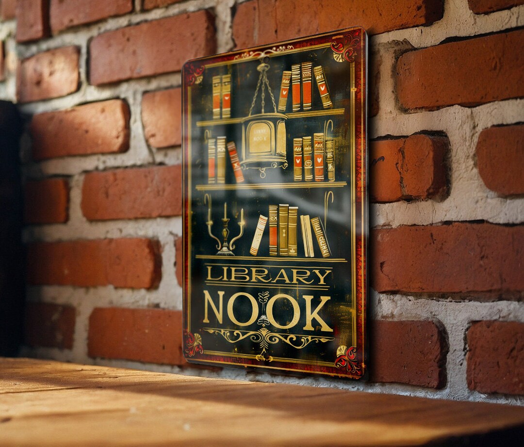 Vintage Library Nook Aluminum Sign, Bookshelf Illustration, Warm Tones ...