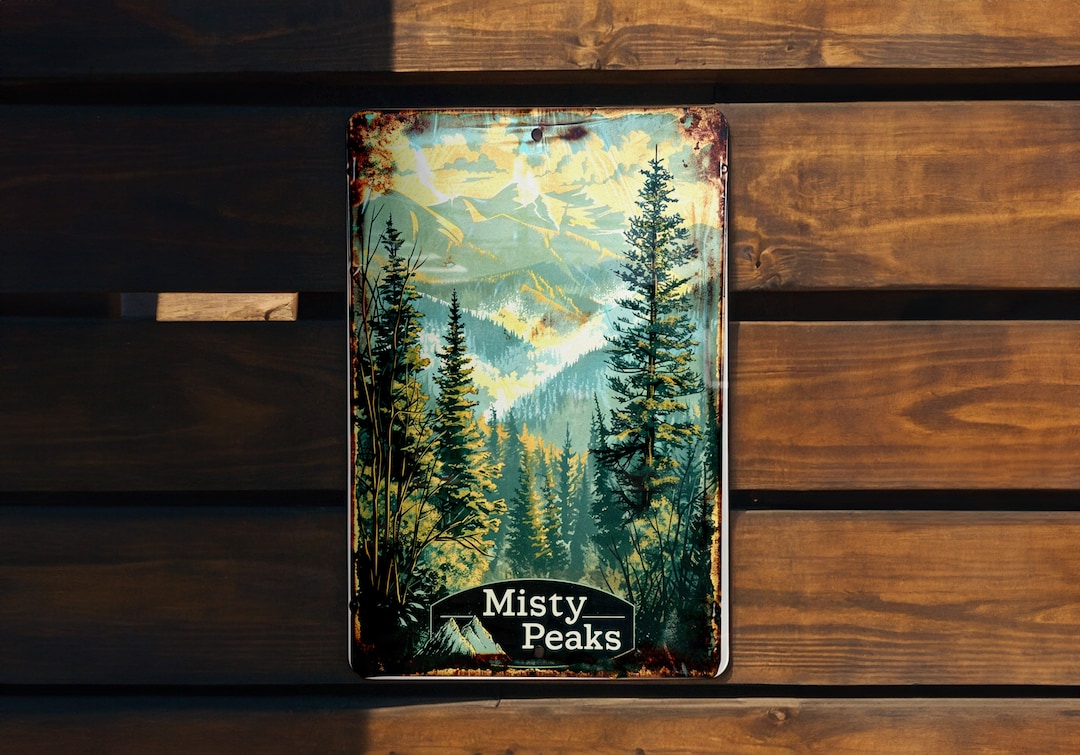 Vintage Metal Sign, Smoky Mountains Decor, Misty Peaks Art, Forest ...
