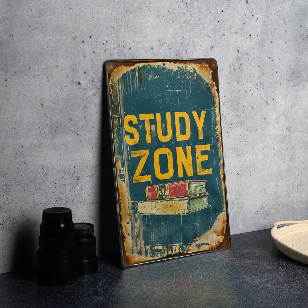 Study Zone Metal Sign, Vintage Style, Book Illustration, Primary Colors ...
