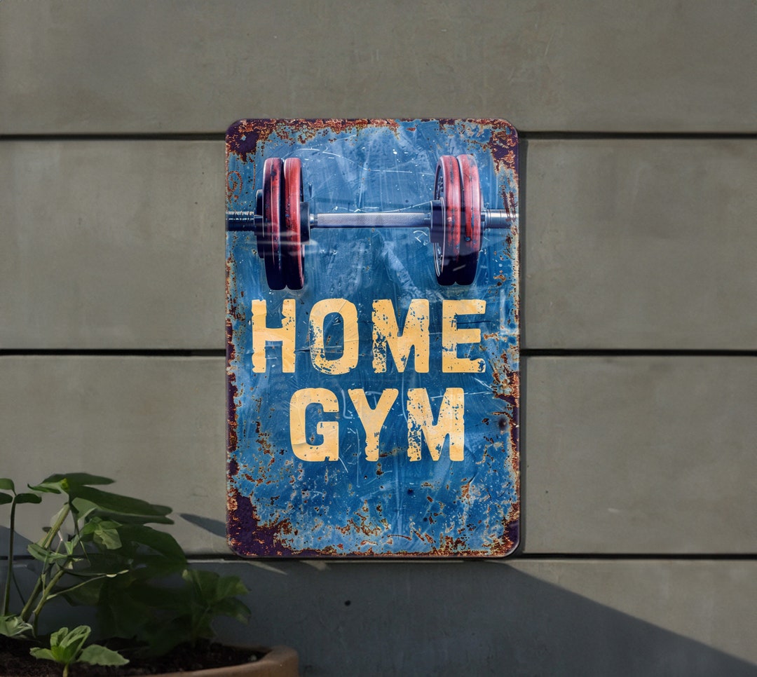 Vintage Style Home Gym Metal Sign, Bright Colors, Dumbbells, Fitness ...