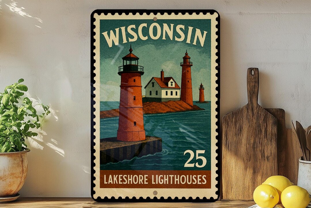 Wisconsin Lakeshore Lighthouses Metal Sign – Vintage Stamp Style Wall ...