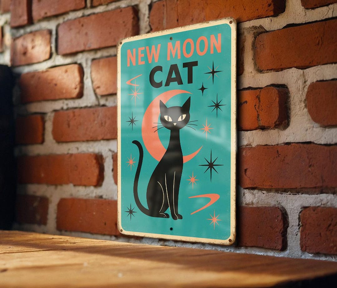 Atomic Age New Moon Cat Tin Sign – Turquoise, Coral & Black Starbursts ...