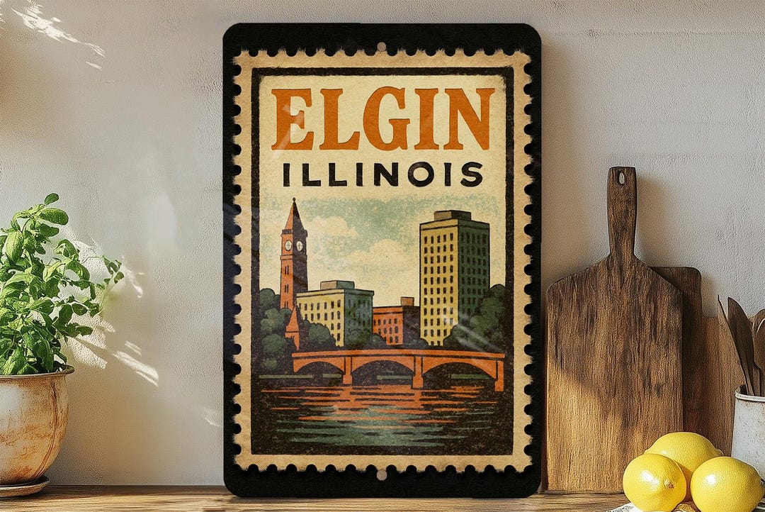 Elgin Illinois Metal Sign – Retro Postage Stamp Design Featuring ...