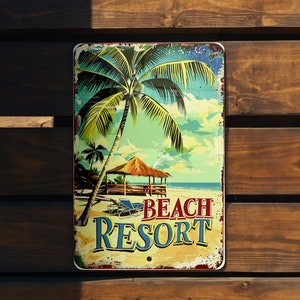 Beach Resort Vintage Metal Sign - Palm Tree Illustration, Tropical ...