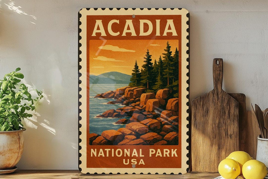 Acadia National Park Metal Sign – Vintage Stamp Style Wall Art, Rustic ...