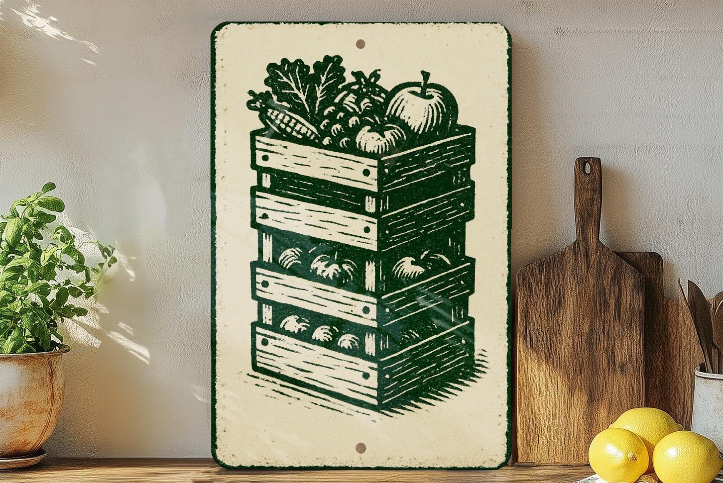Vintage Produce Crate Stack Metal Sign – Rustic Farmhouse Kitchen Wall ...