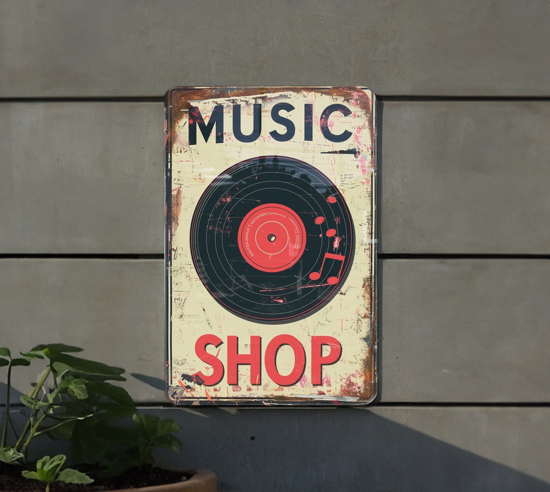 Vintage Music Shop Metal Sign, Record Illustration, Retro Colors, Music ...