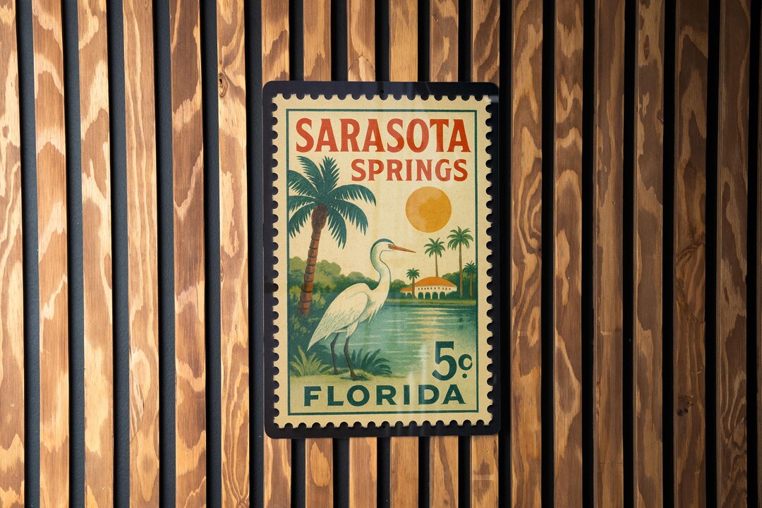 Sarasota Springs Florida Metal Sign – Retro Postage Stamp Design ...