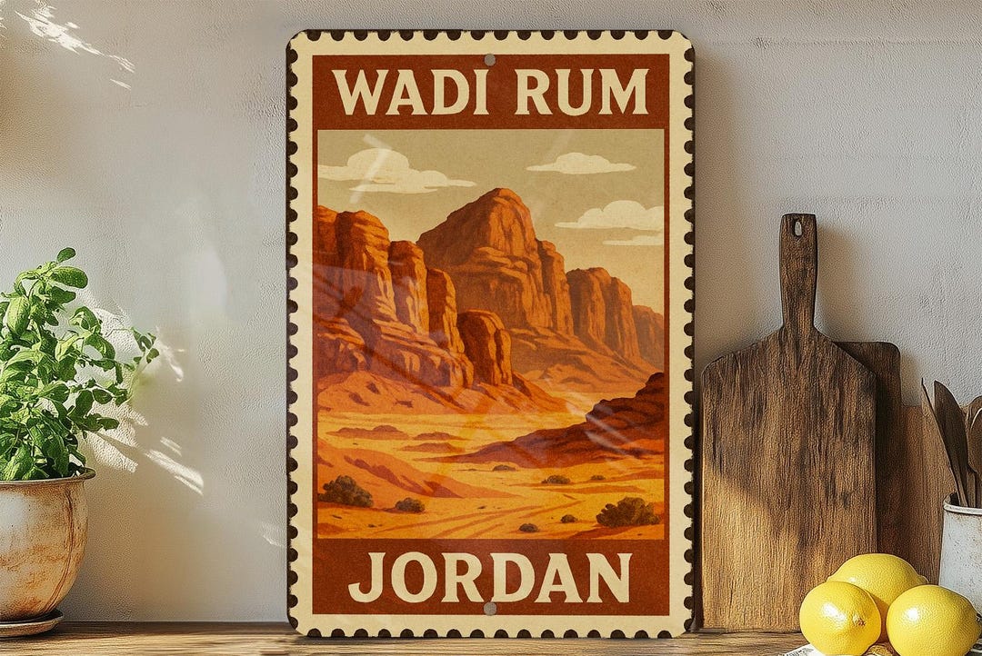 Wadi Rum Jordan Metal Sign – Stamp Style Travel Wall Art, Desert ...