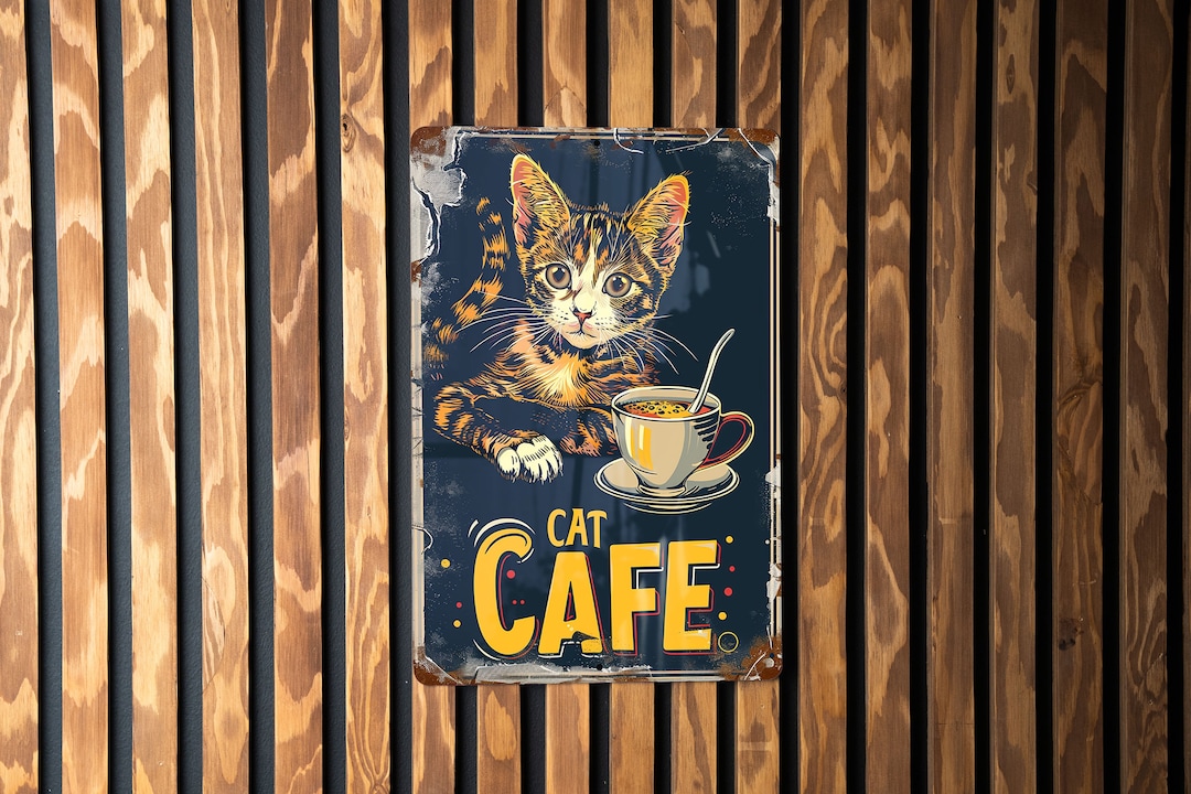 Cat Cafe Metal Sign, Vibrant Colors, Comic Frame, Bold Font, Coffee ...