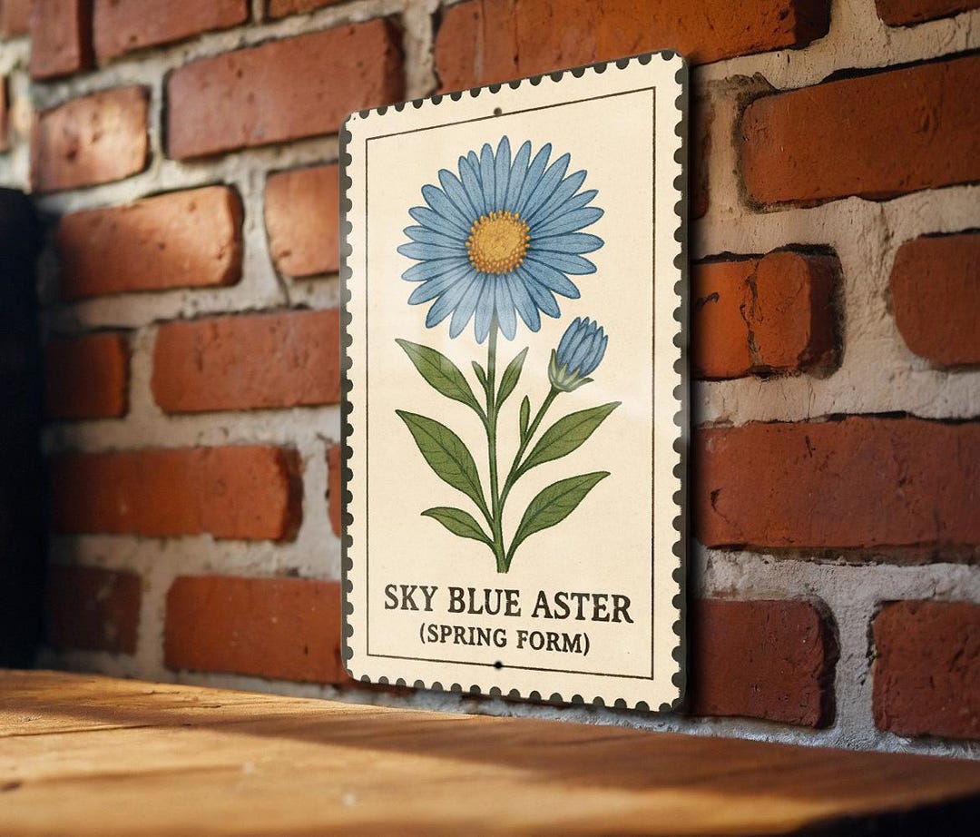 Sky Blue Aster Metal Sign – Vintage Stamp Style Spring Wall Art ...