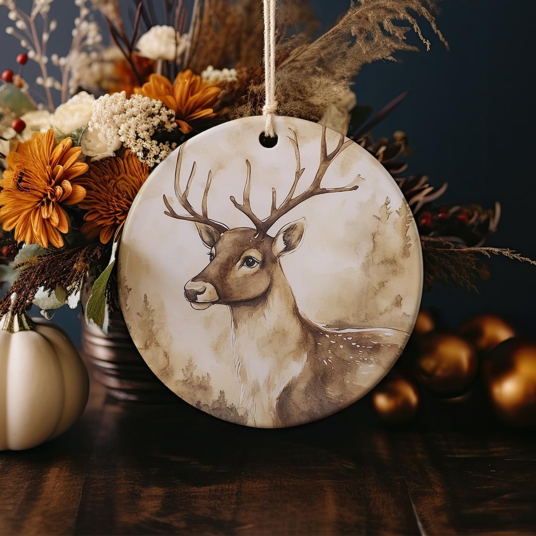 Watercolor Reindeer Ceramic Ornament, Circular Design, Soft Brown ...