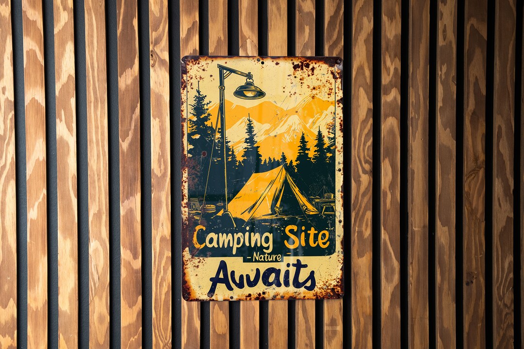Vintage Camping Site Metal Sign, Nature Awaits, Tents and Campfire ...