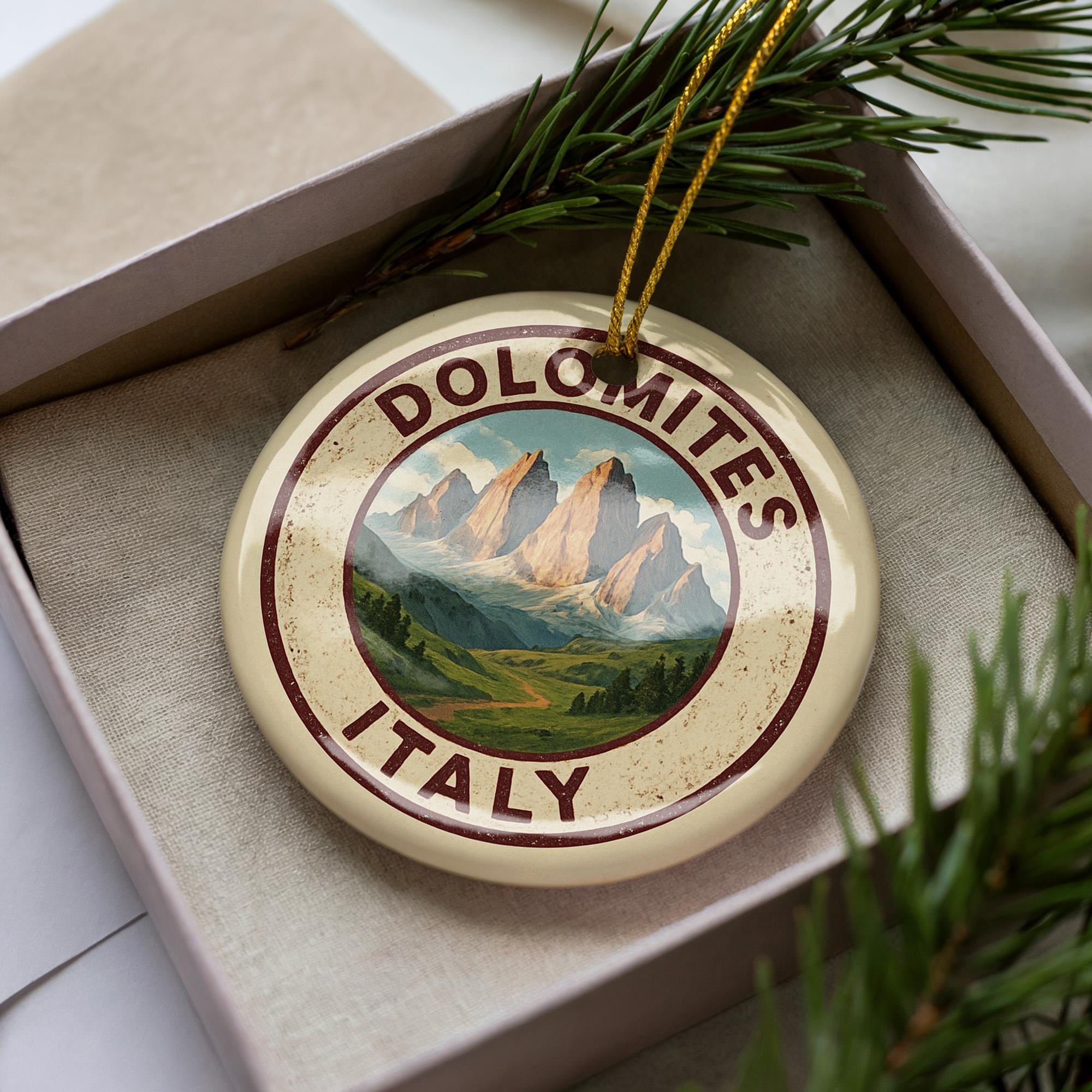 Dolomites Italy Ceramic Ornament – Circular Stamp Style Mountain Art ...
